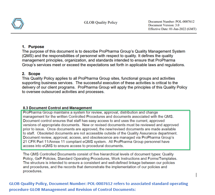 Quia Class Page GLOB Quality Policy SOP Review Use Of Controlled